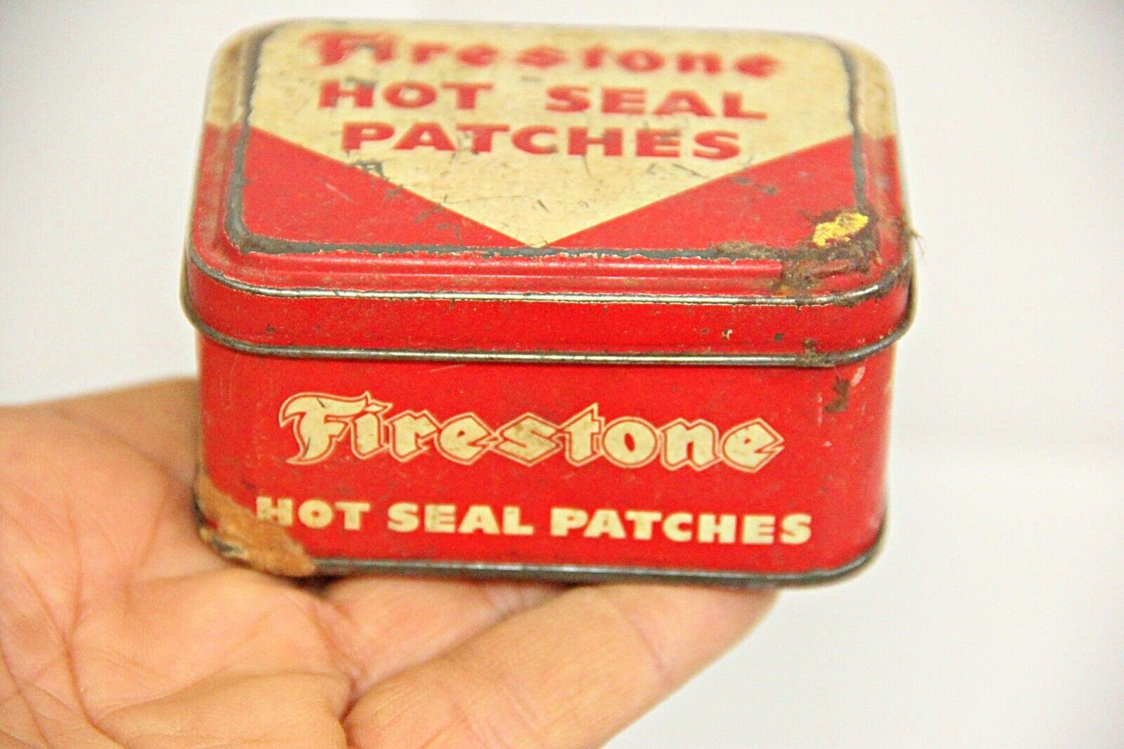 Vintage Firestone Hot Seal Patches Tin: Litho Print Automotive ...