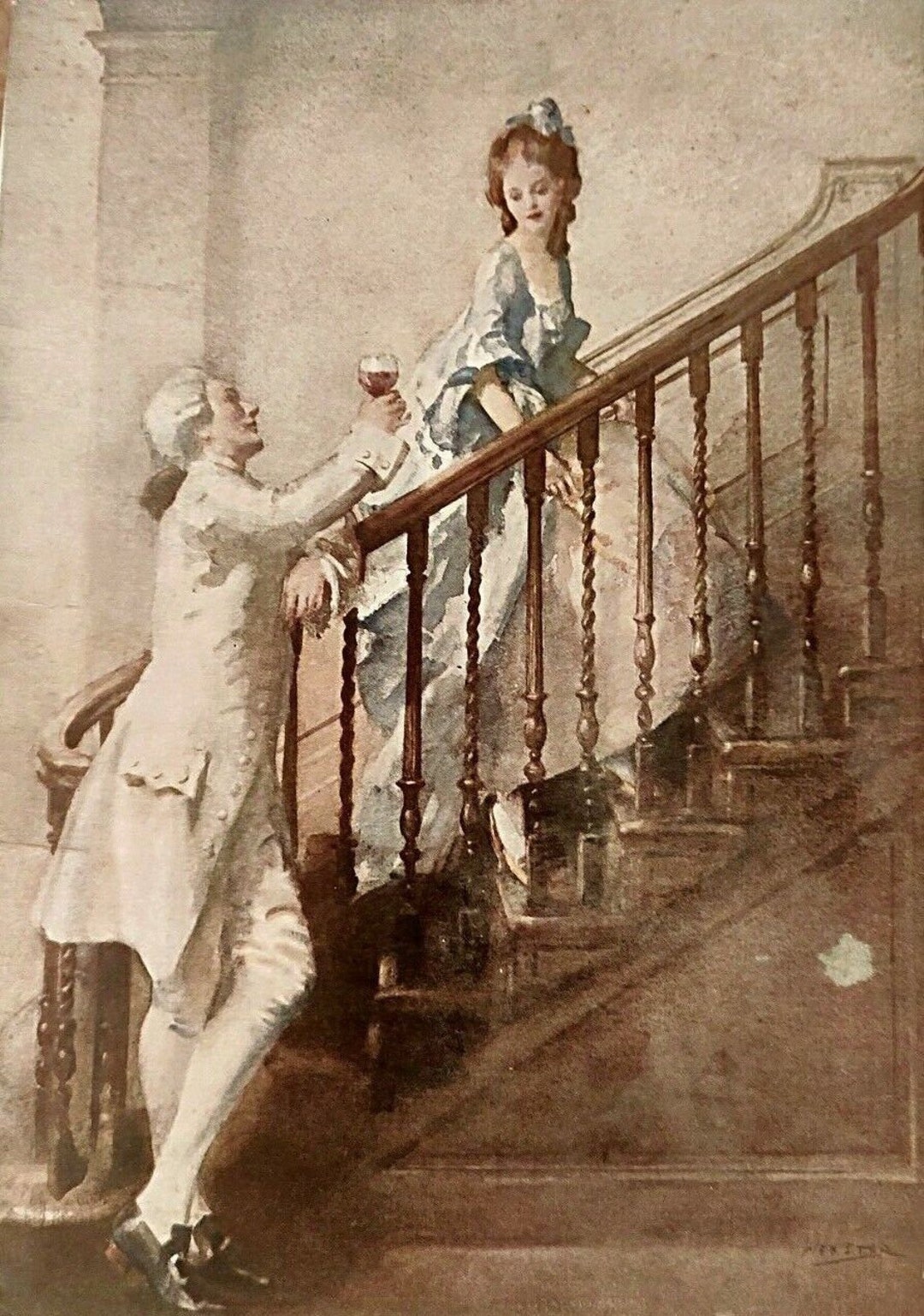 Vintage Litho Print of Painting of a Gentleman and Lady Offering Liquor ...
