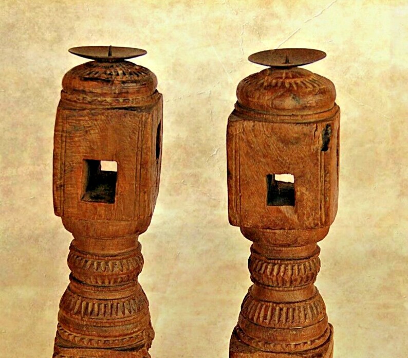 Vintage Indian Wooden Candle Holders Set, Charpai Bed Leg Candle Stands ...