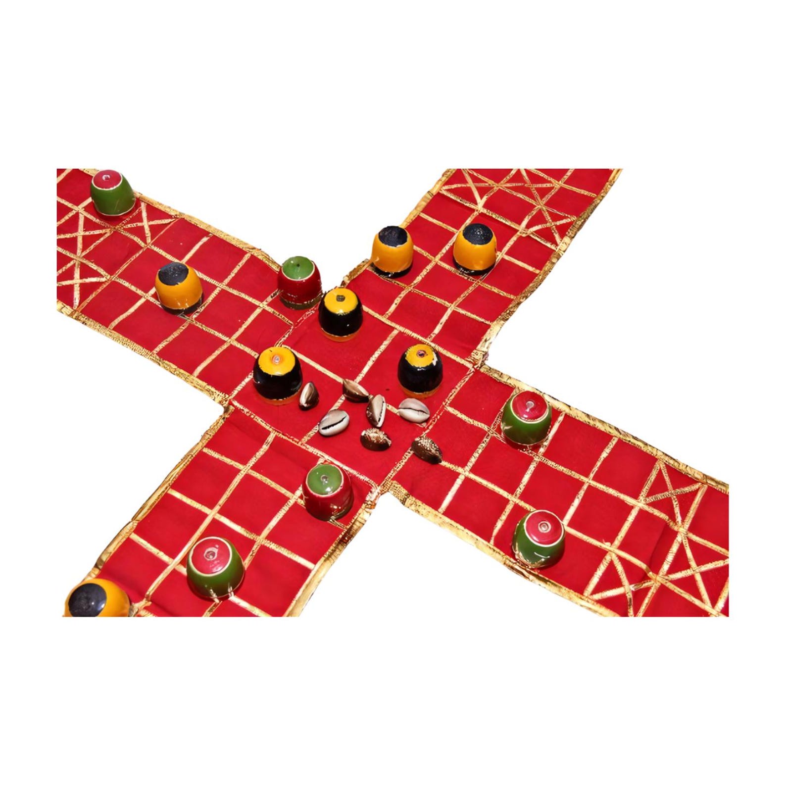 Handmade Chaupar Pachisi Game Set: Cloth Board, Wooden Pawns & Cowrie ...
