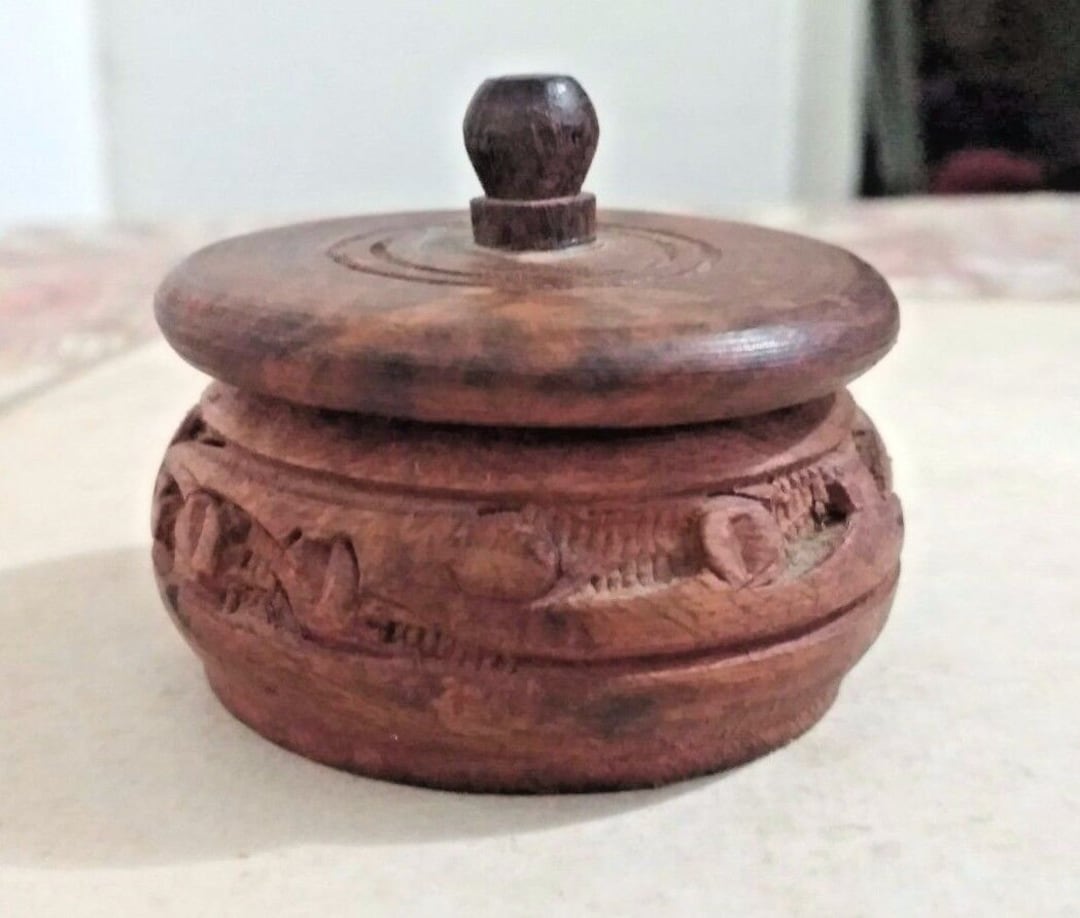 Rare Vintage Hand Carved Wooden Kumkum Powder Tikka Box, Rustic Chopra ...