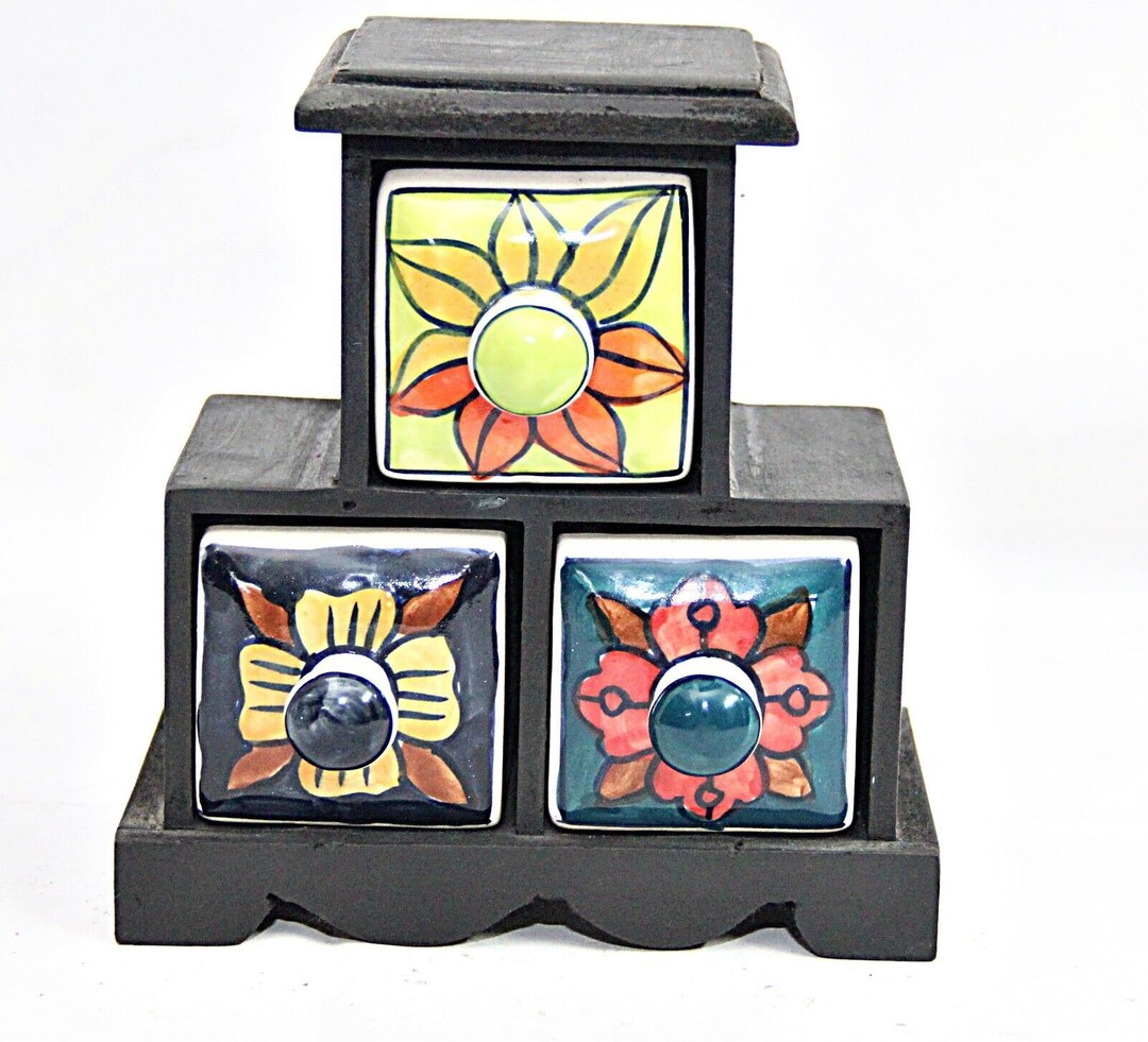 Handcrafted Wooden and Ceramic Chest Spice Rack Organizer Dabba ...