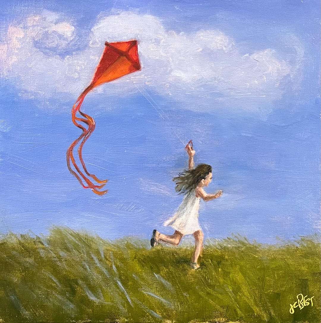 Kite Painting, Little Girl With Kite, Red Kite Art, “soaring Joy ...