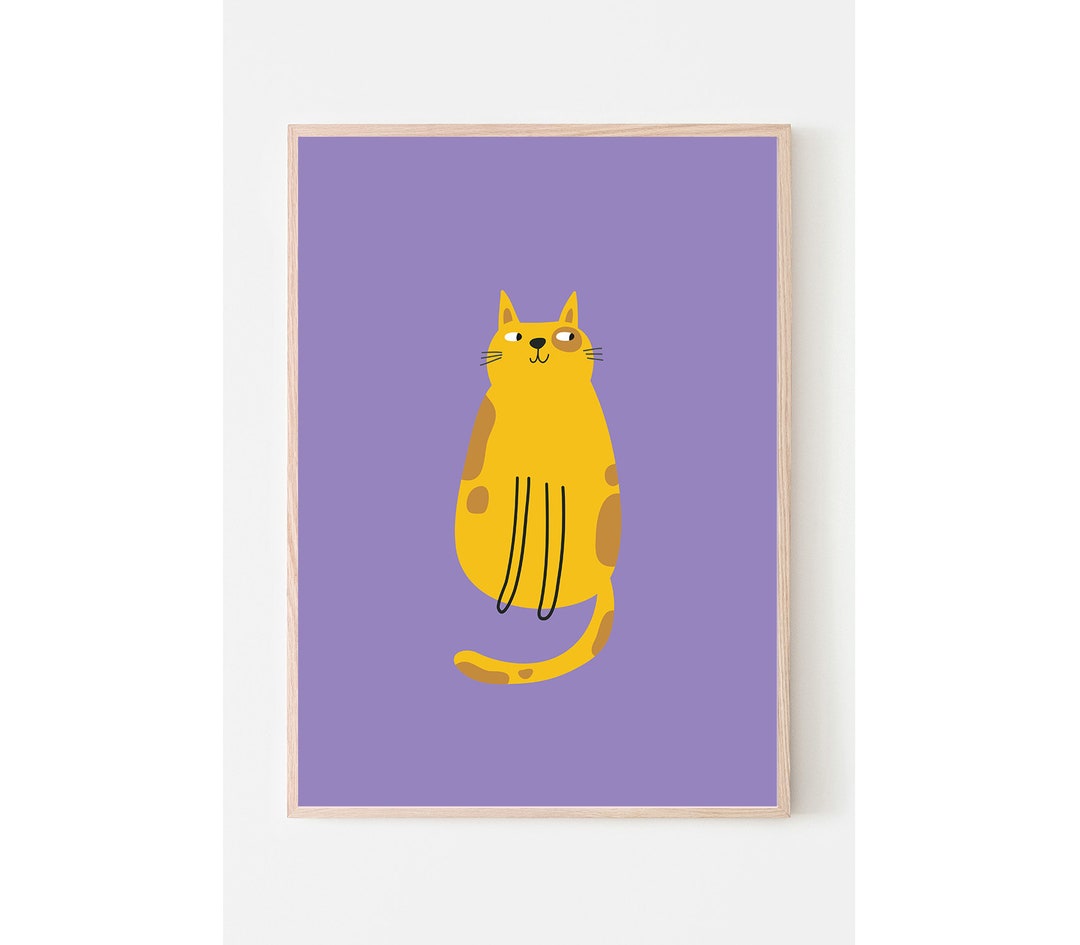 Yellow Cat Poster, Kids Poster Design, Purple Nursery Decor, Kids Wall ...