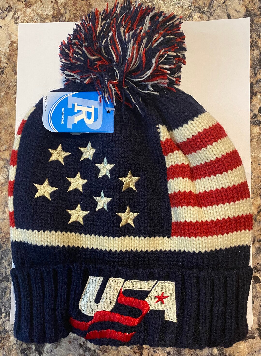 USA Stars/stripes Red,white, & Blue Embroidered Heavy Knit Tassel Hat ...