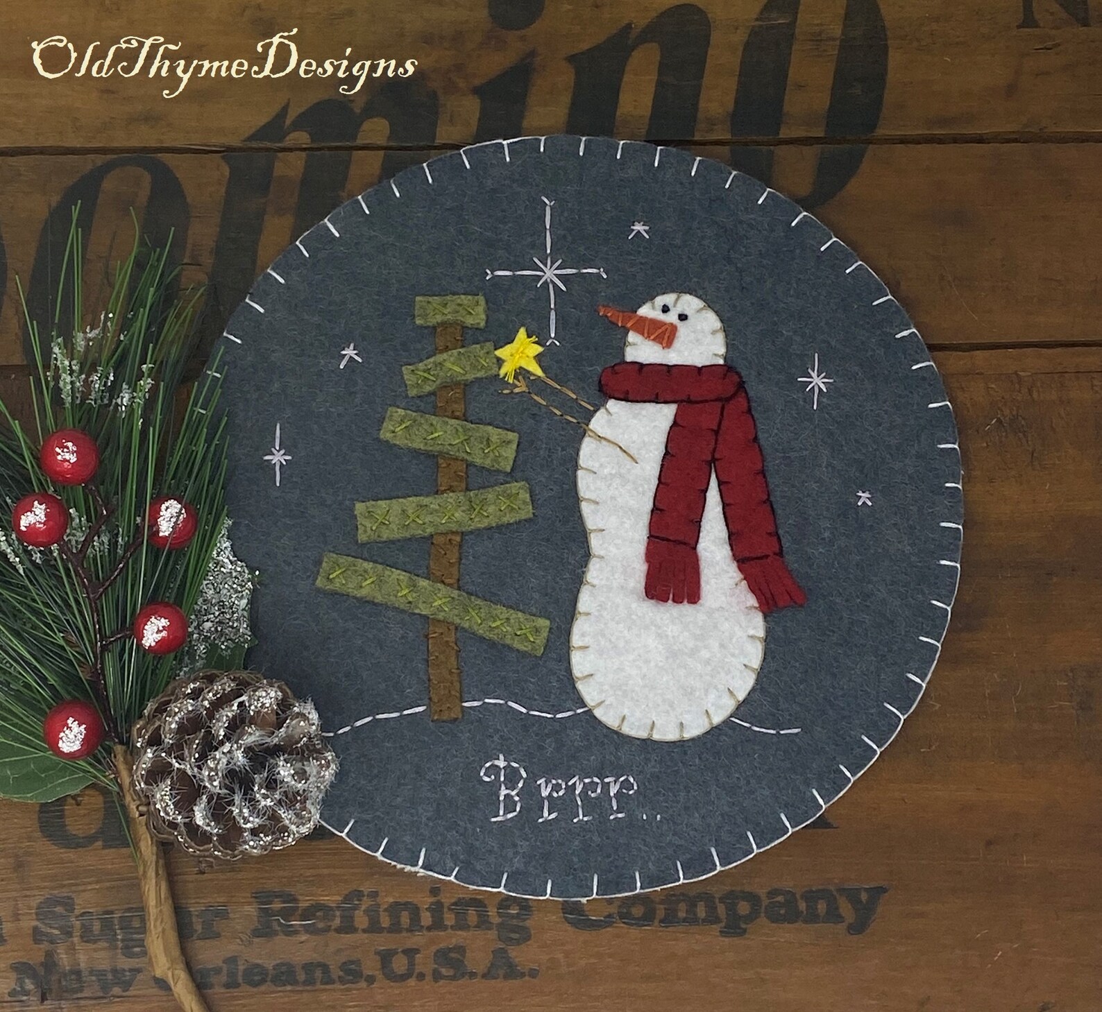 Primitive Stitchery Christmas SNOWMAN & Fir Tree Penny Rug ~ WINTER ...