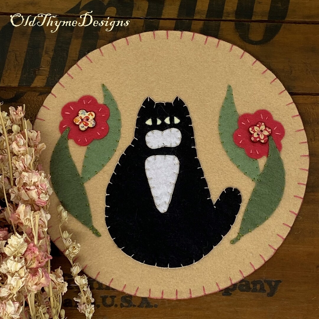 Primitive Stitchery Folk Art CAT & Flowers Penny Rug ~ Spring Candle ...