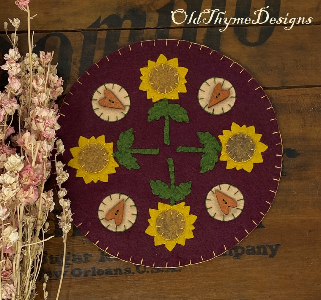 Primitive Stitchery SUNFLOWERS Penny Rug ~ Prim Flowers & Folk Hearts ...