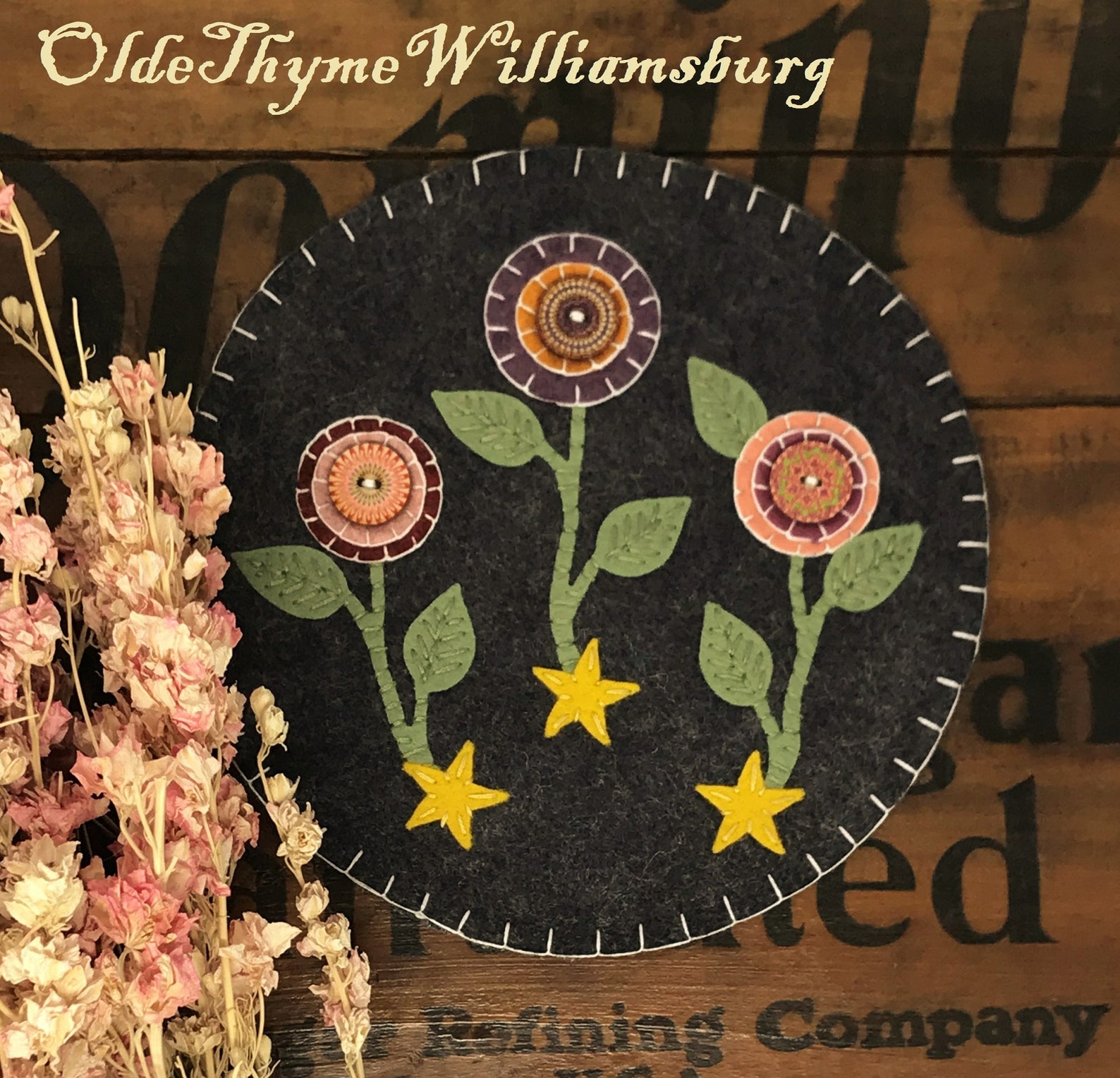 Primitive Stitchery Folk Art Flowers Penny Rug ~ Folky Stars & Printed ...