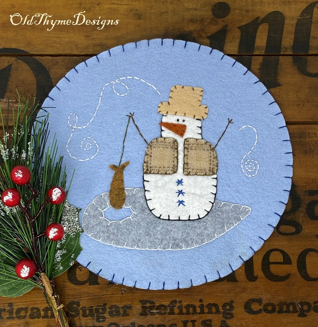 Primitive Stitchery CHRISTMAS Snowman Fisherman Penny Rug ~ WINTER ...
