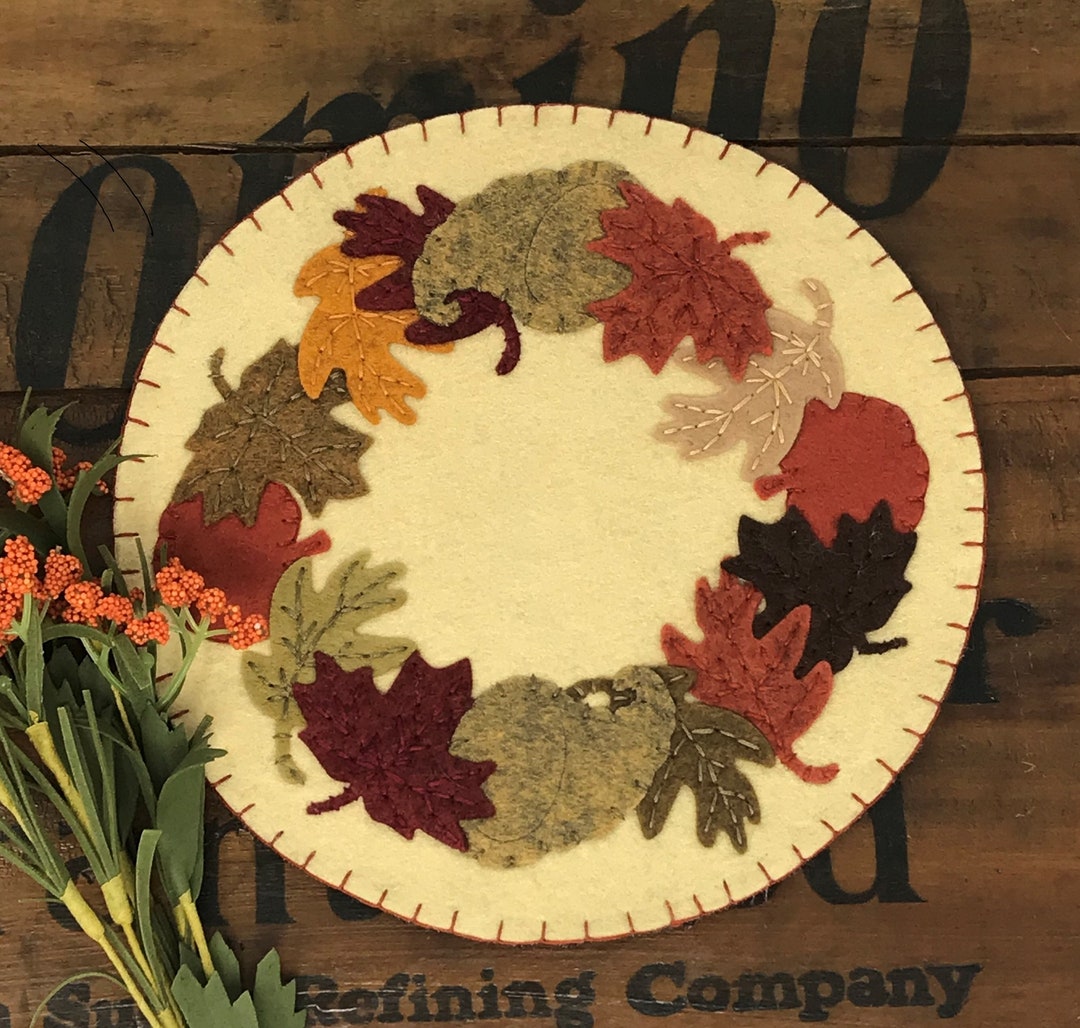 FALL Primitive Stitchery LEAVES Pumpkins CORNUCOPIA Penny Rug ~ Candle ...