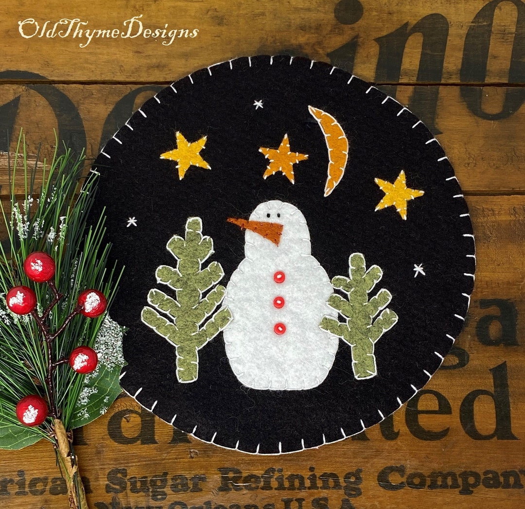 Primitive Stitchery CHRISTMAS Snowman Moon & Trees Penny Rug ~ WINTER ...