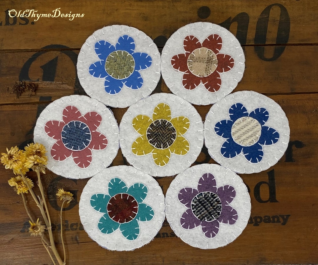 Large Primitive Stitchery Folk Art Flower Penny Rug ~ Buttermilk Candle ...