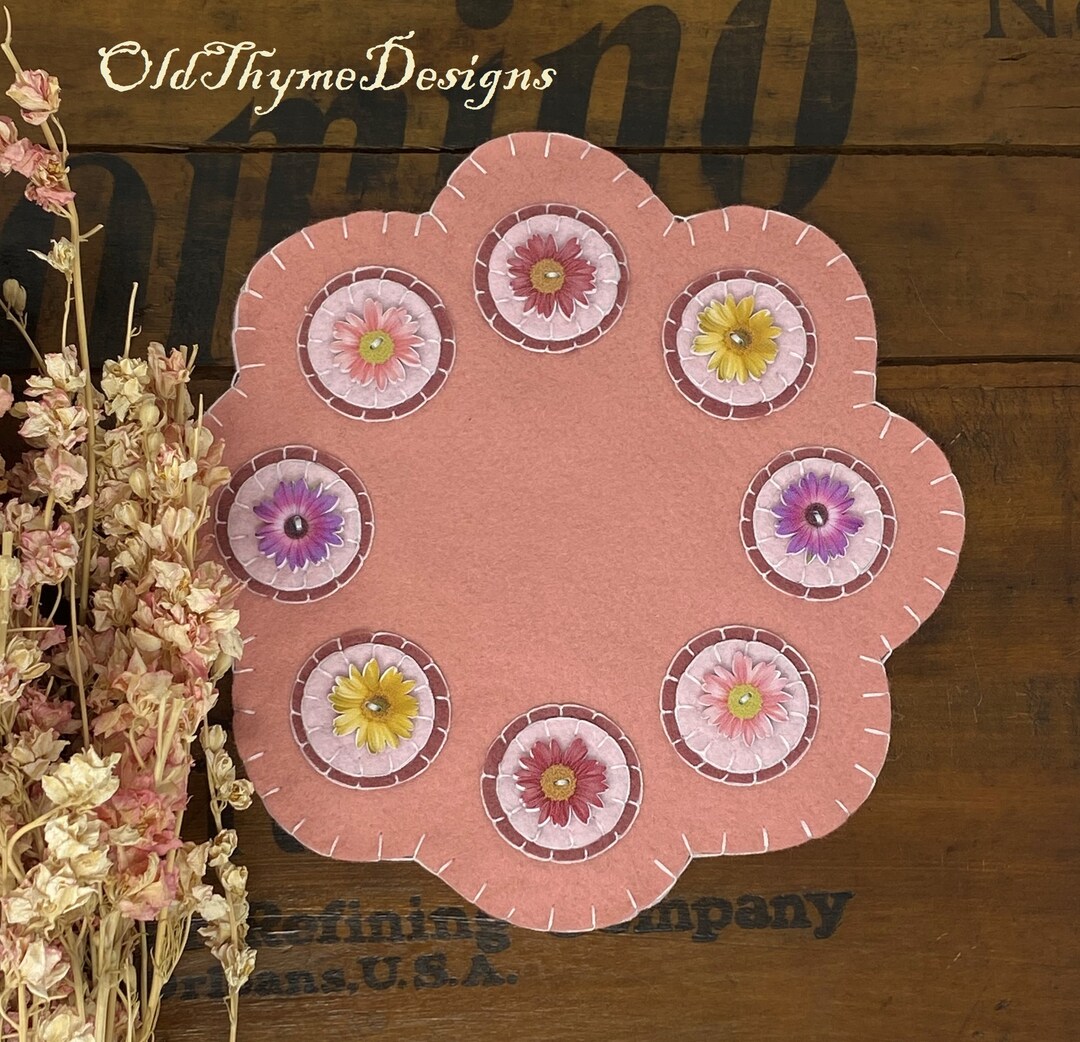 Primitive Stitchery Spring Flowers Penny Rug - Salmon Pink Folk Art ...