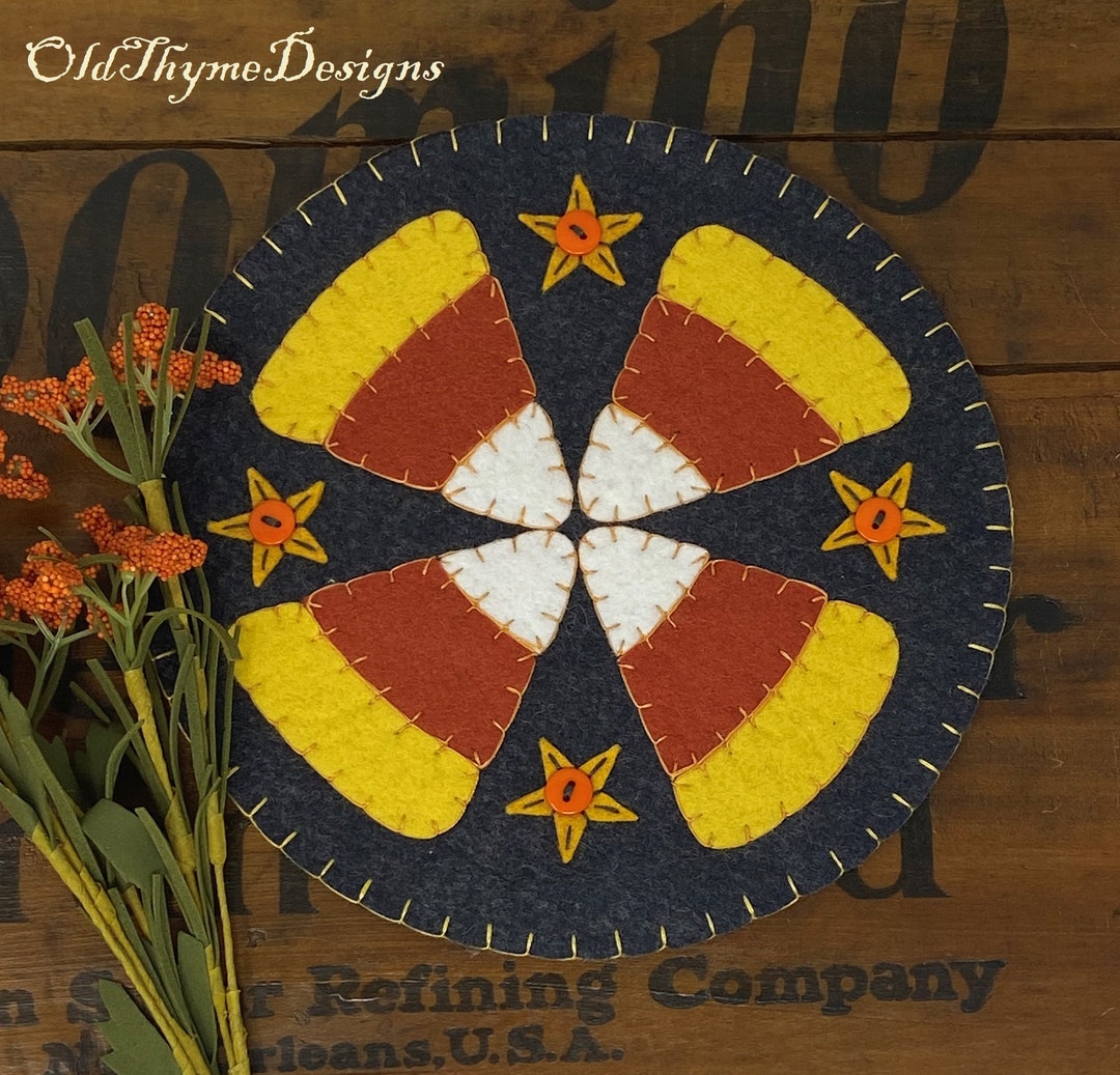 Primitive Stitchery Halloween CANDY CORN Penny Rug ~ FALL Candy & Stars ...