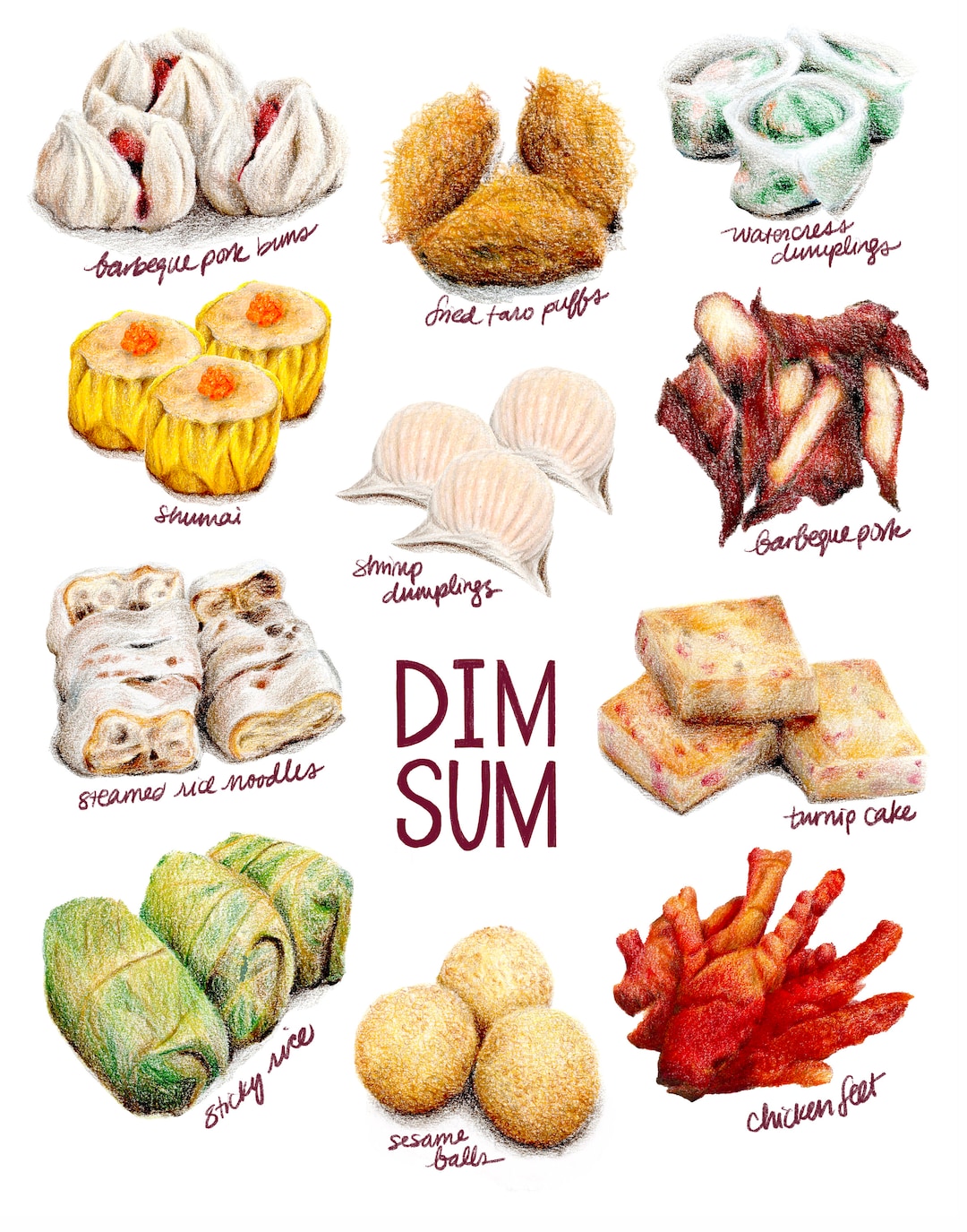 Dim Sum Poster Print | Food Illustration | Colored Pencil - Etsy