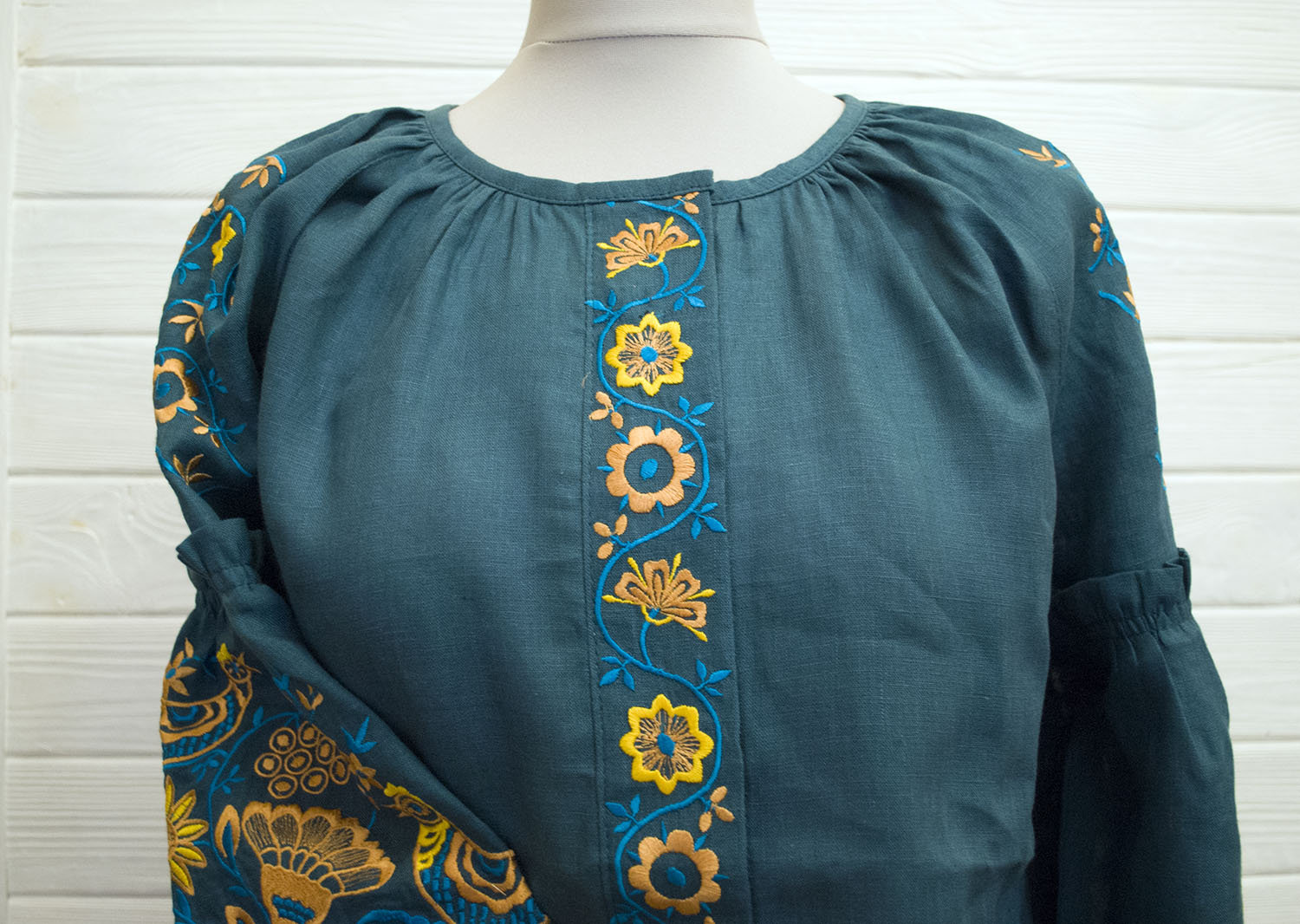 Dark Turquoise Linen Blouse With Colorful Embroidery of Flowers and ...
