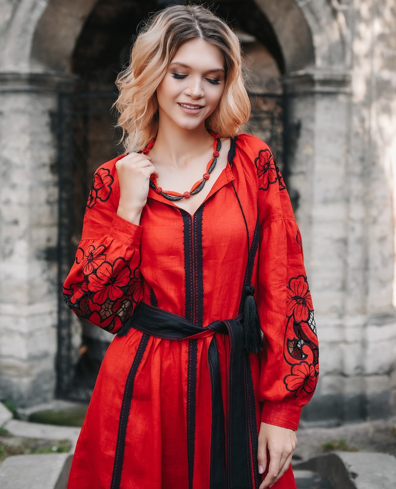 Bright Red Women Dress With Richelieu Embroidery Custom Made - Etsy