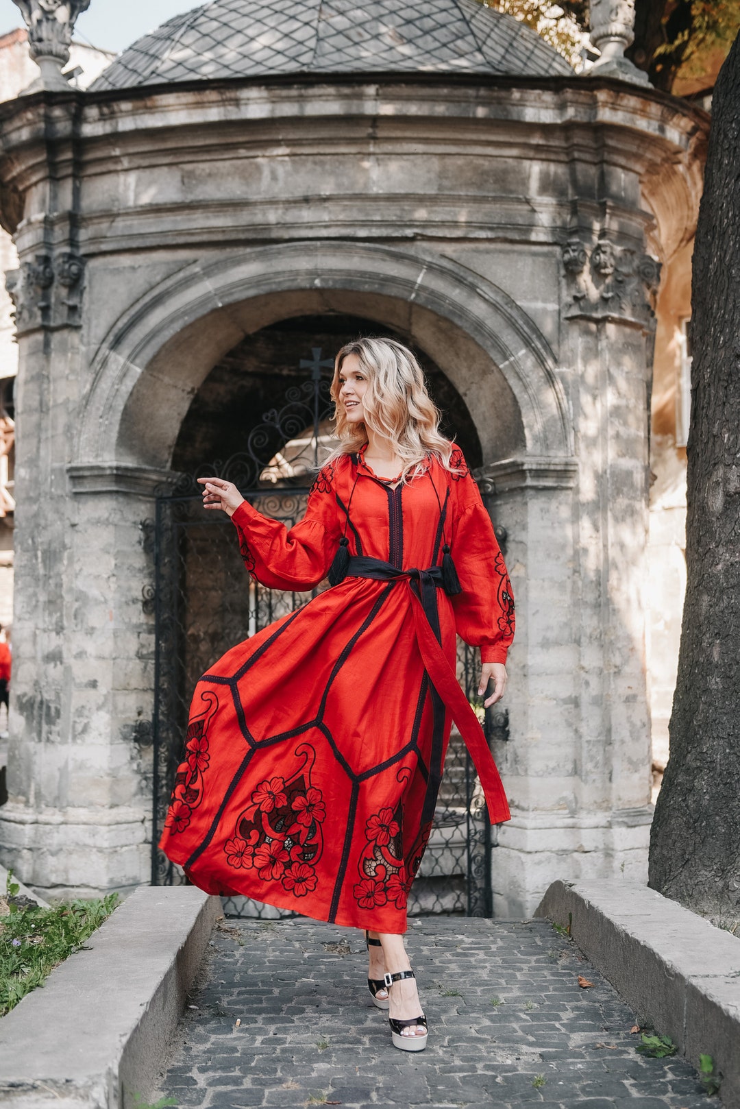 Bright Red Women Dress With Richelieu Embroidery Custom Made Dress for ...