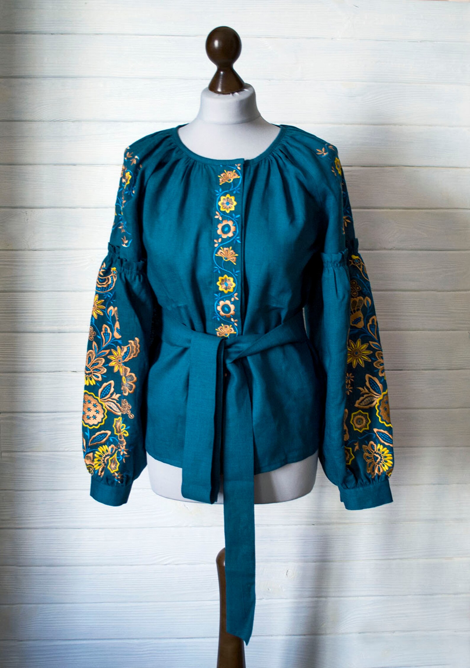 Dark Turquoise Linen Blouse With Colorful Embroidery of Flowers and ...