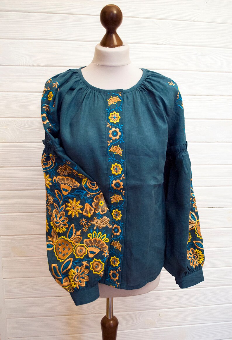 Dark Turquoise Linen Blouse With Colorful Embroidery of - Etsy