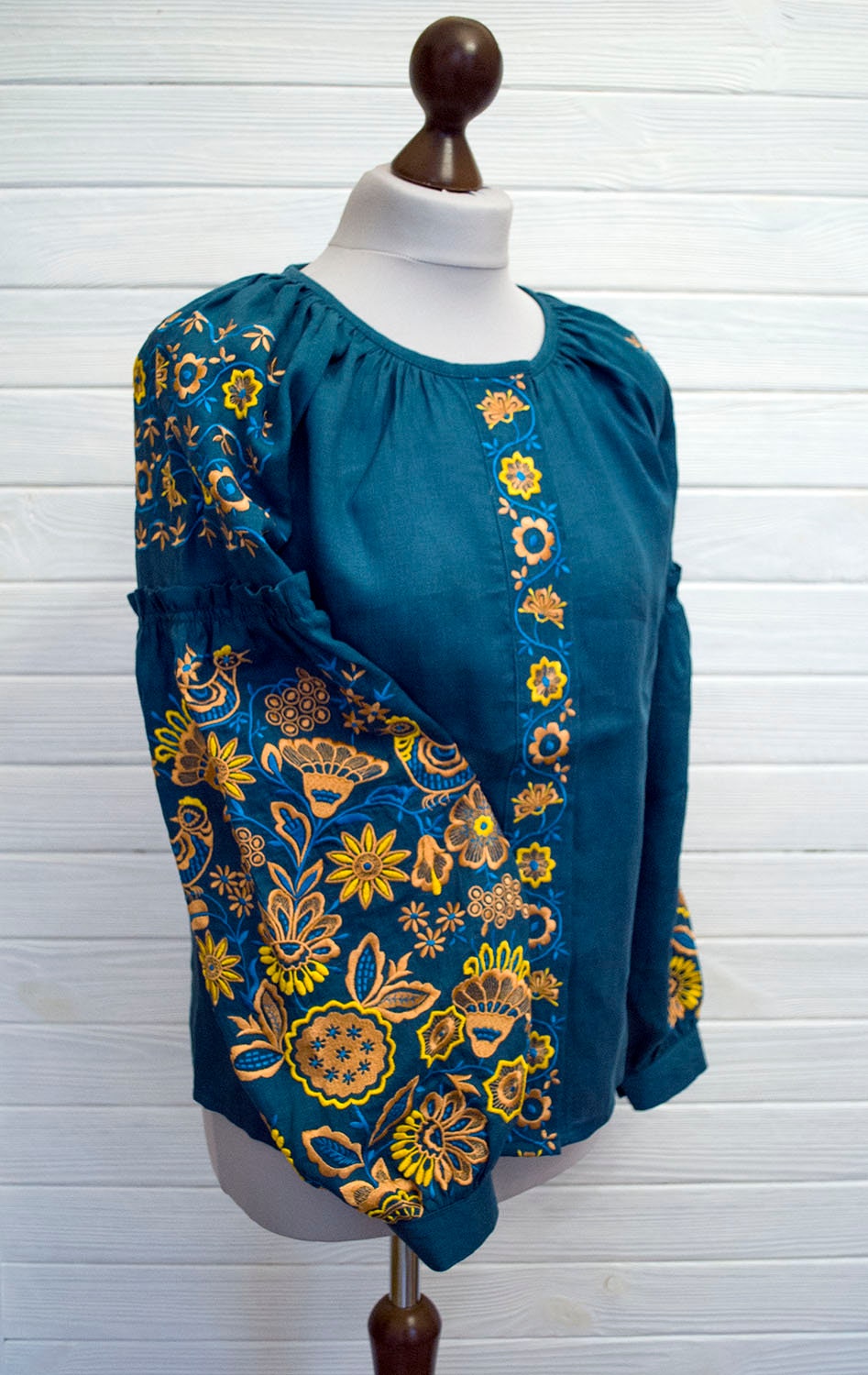 Dark Turquoise Linen Blouse With Colorful Embroidery of Flowers and ...