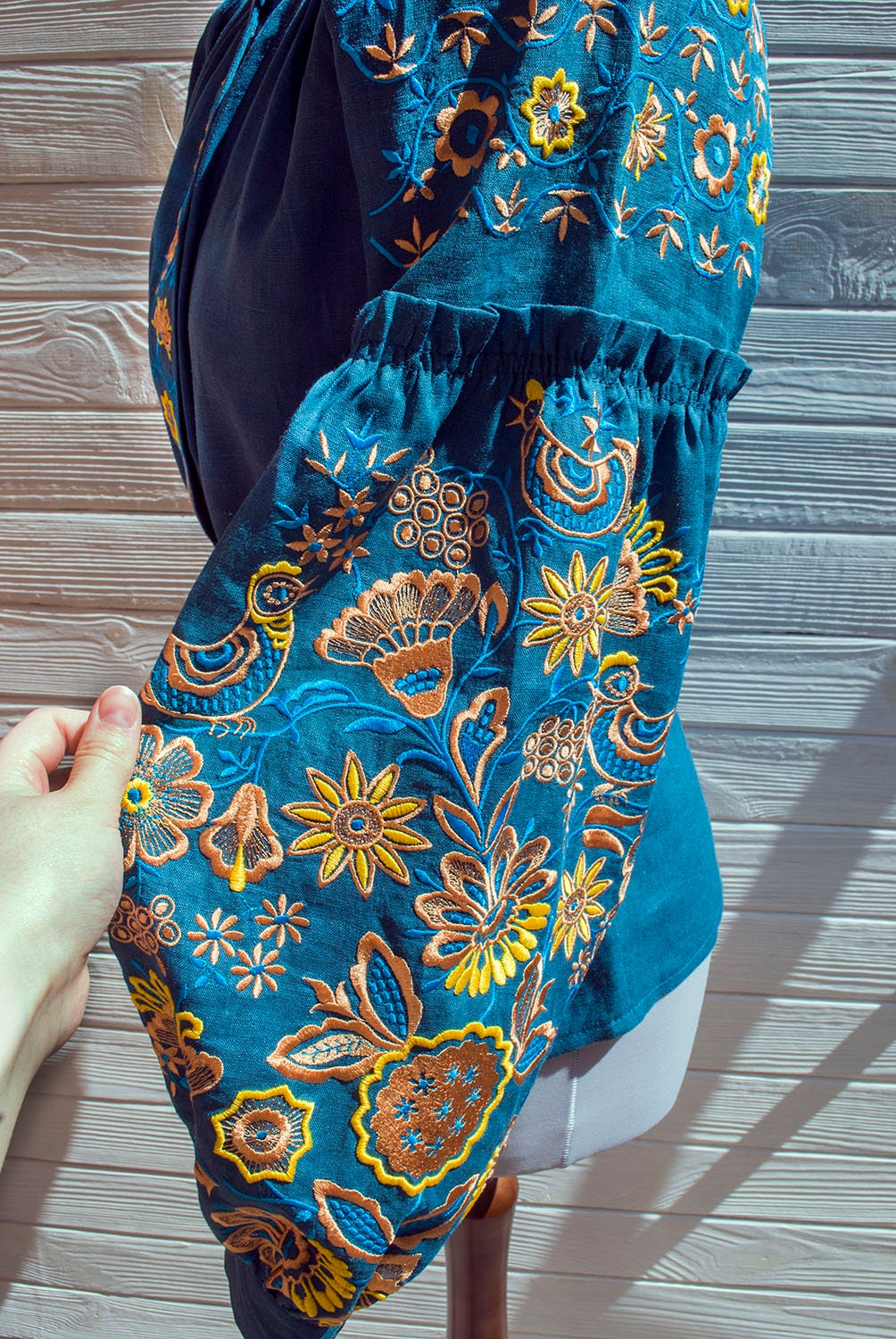 Dark Turquoise Linen Blouse With Colorful Embroidery of Flowers and ...