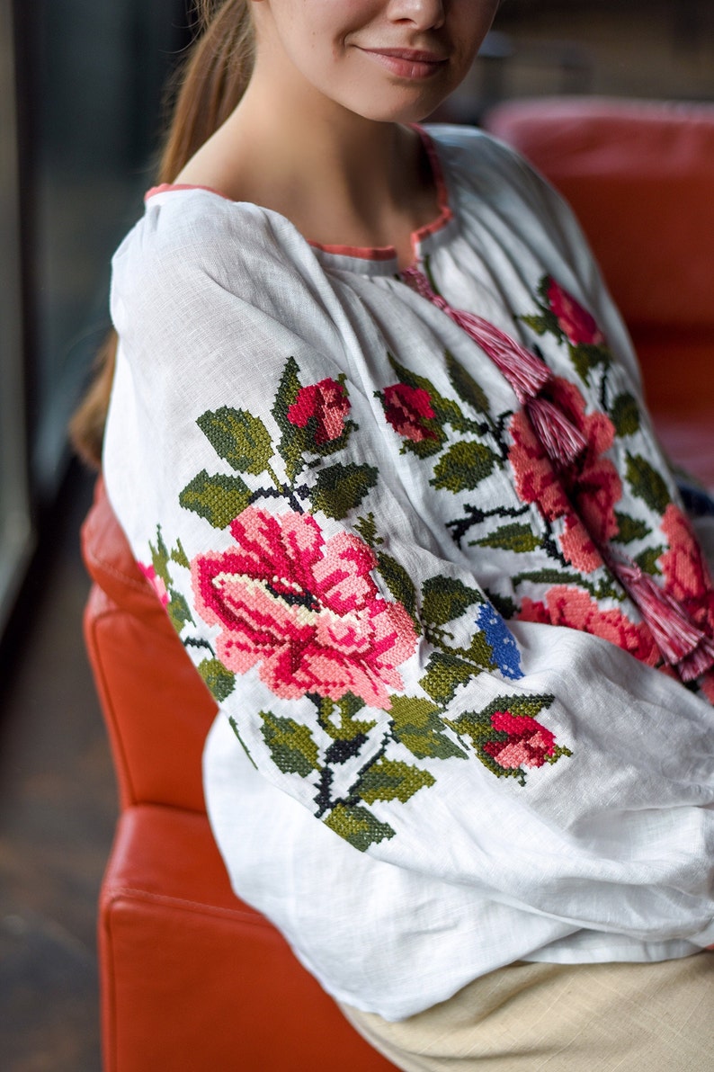 Light Summer Embroidered Blouse on Natural Linen Fabric With Wool Cross ...