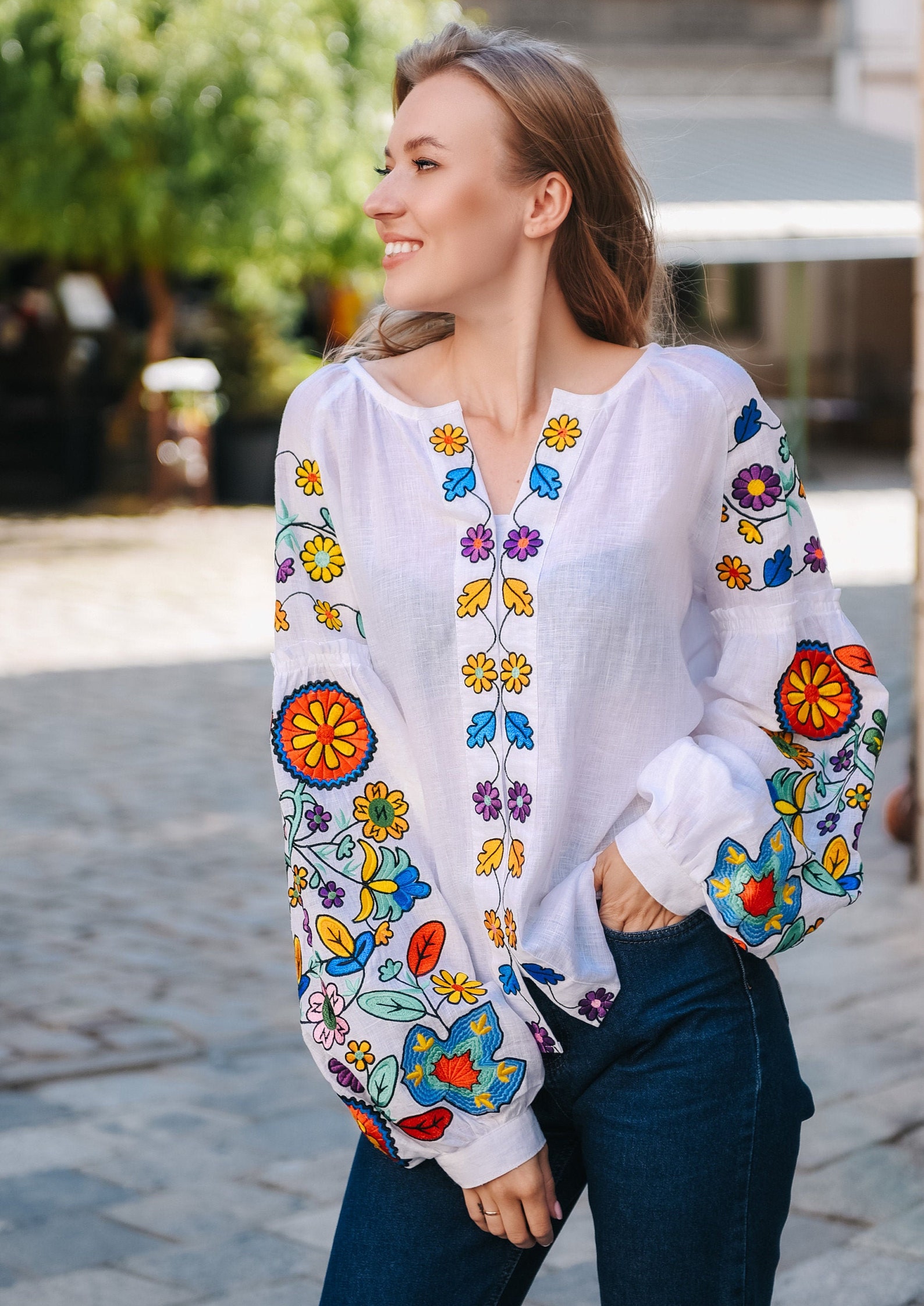 White Linen Embroidered Blouse With Bright and Colorful Embroidery ...