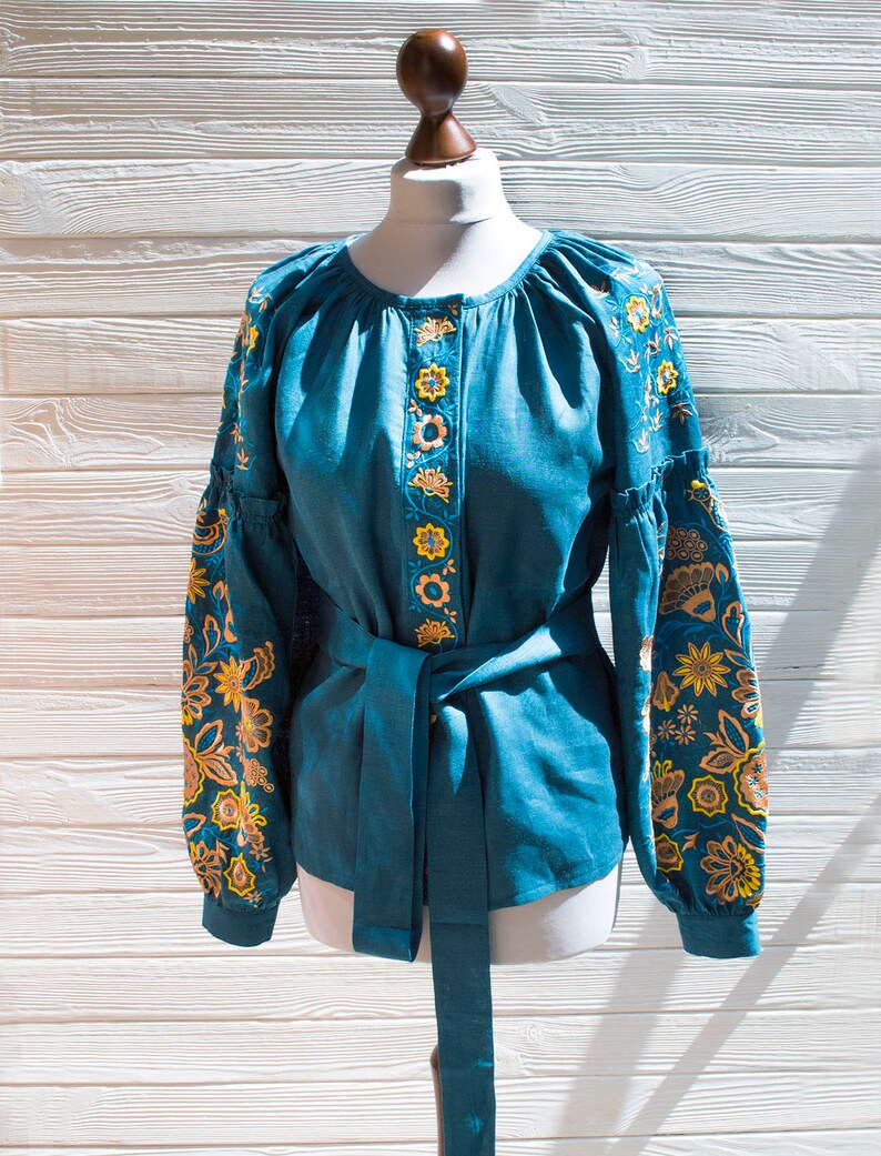Dark Turquoise Linen Blouse With Colorful Embroidery of - Etsy