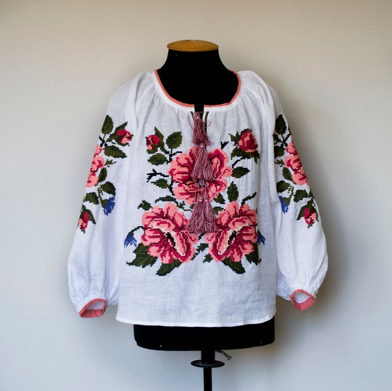 Light Summer Embroidered Blouse on Natural Linen Fabric With Wool Cross ...