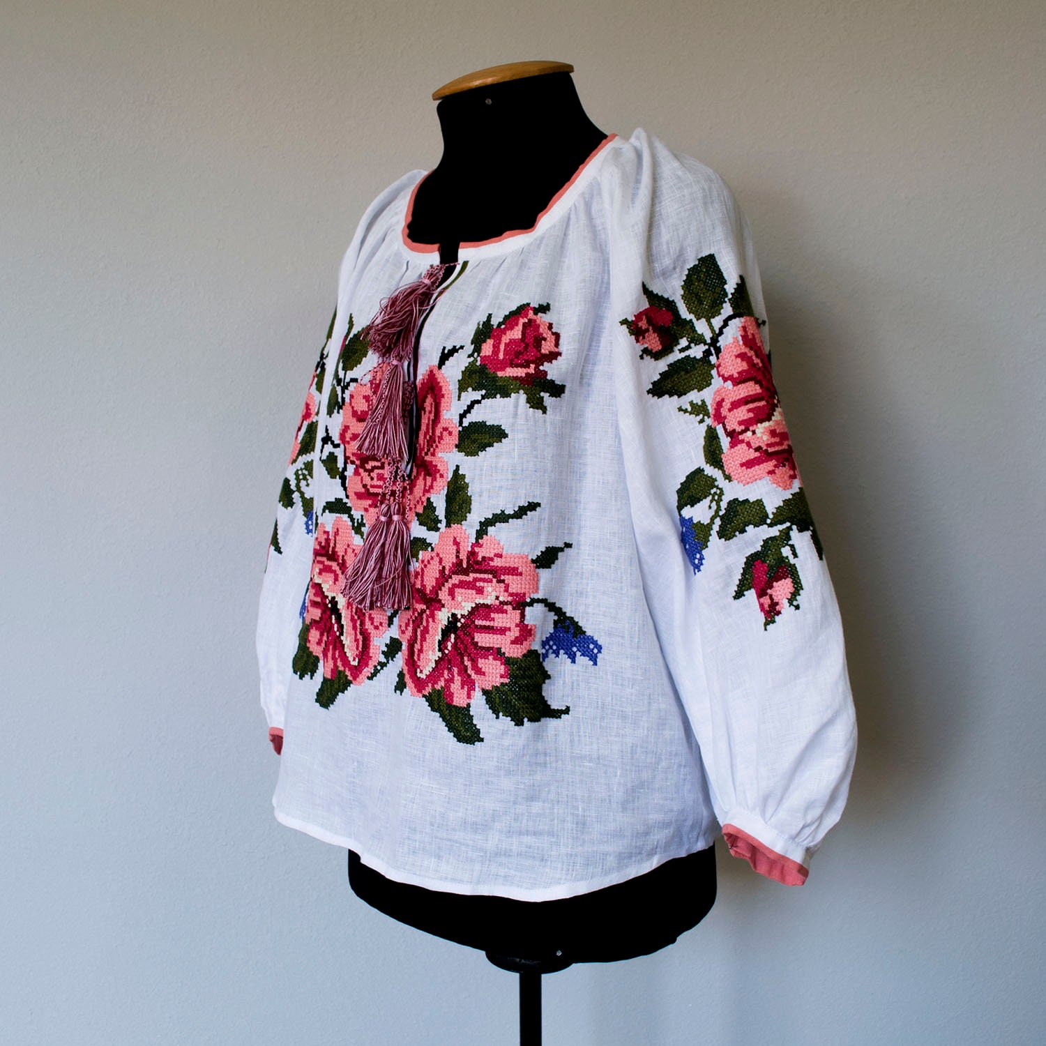 Light Summer Embroidered Blouse on Natural Linen Fabric With Wool Cross ...