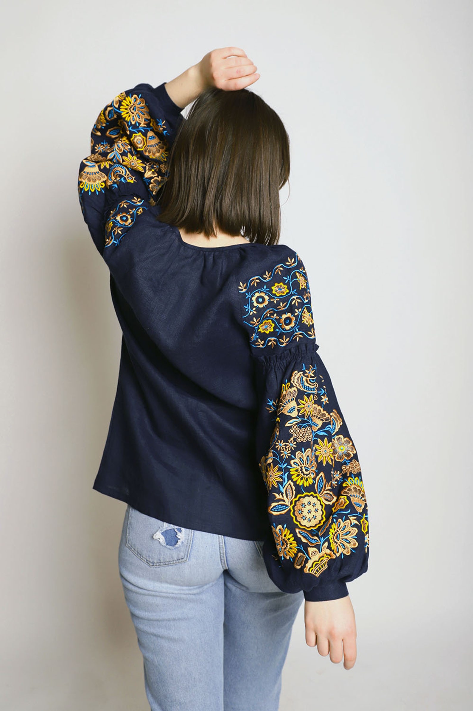 Navy Blue Linen Embroidery With Traditional Satin Stitch Birds - Etsy
