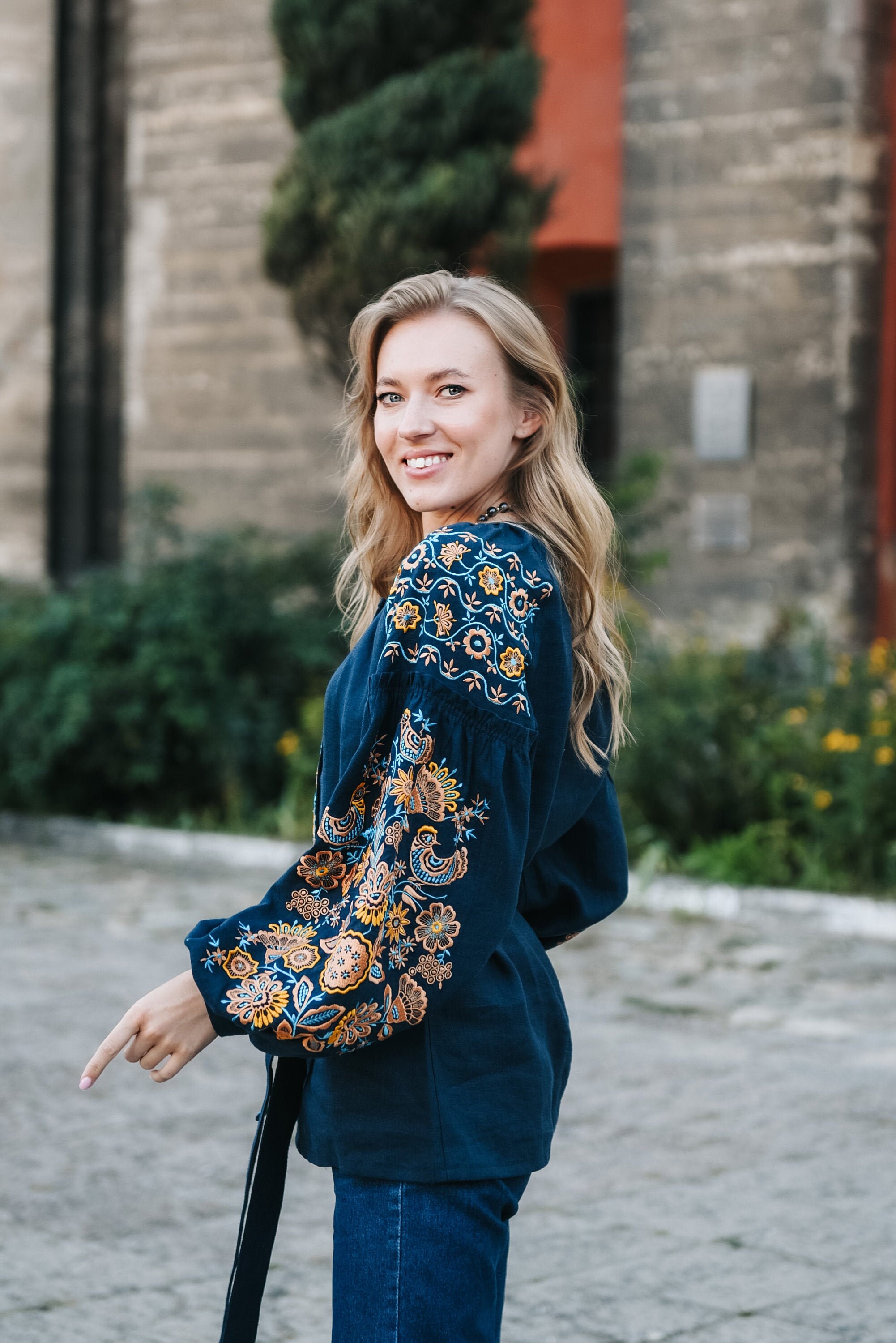 Navy Blue Linen Embroidery With Traditional Satin Stitch Birds - Etsy