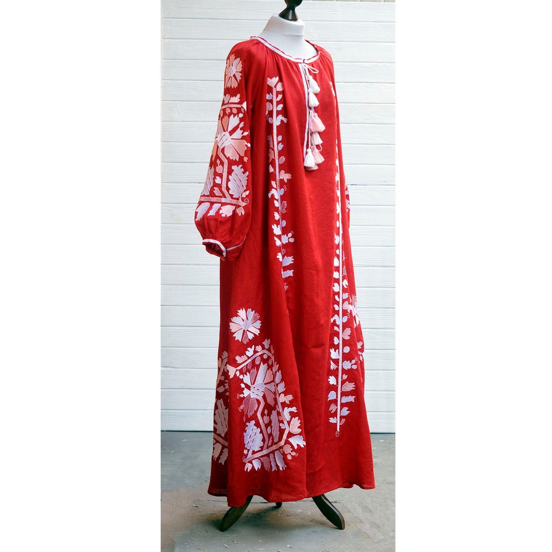Bright Embroidered Maxi Red Dress With Satin Stitch Flowers Summer Boho ...