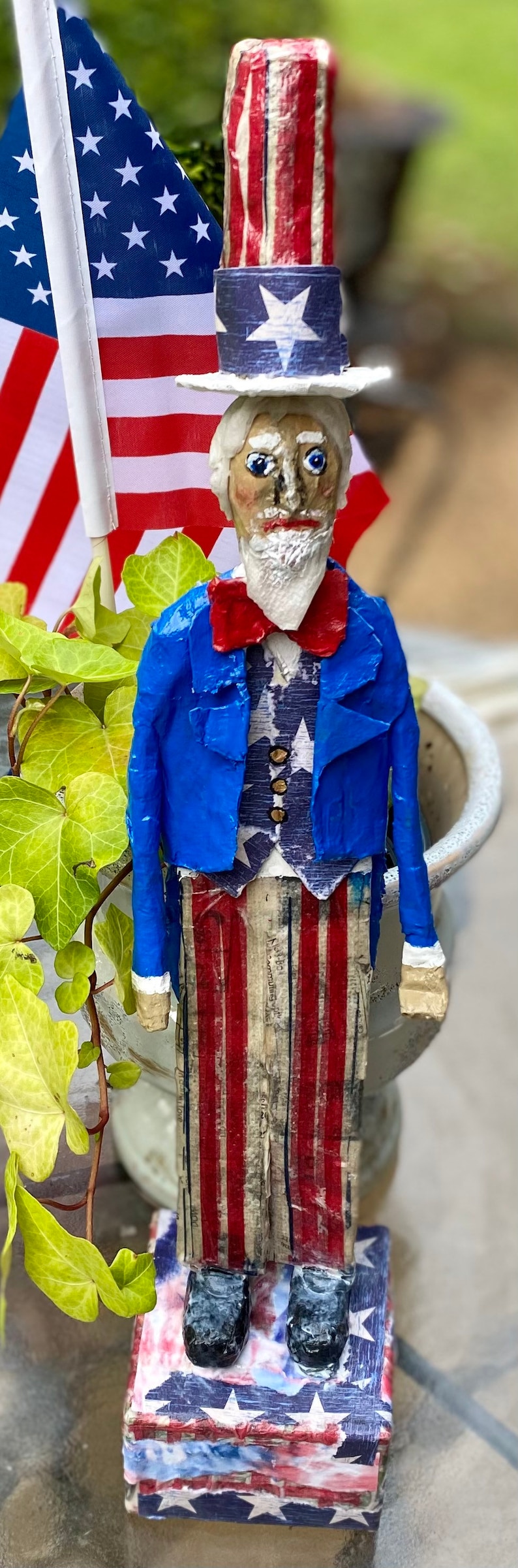 American Patriotic Art Paper Mache Uncle Sam July 4 Folk Art Figurine ...