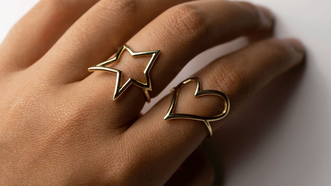 14k Yellow Solid Gold Big Size Slanted Heart and Slanted Star Ring for ...
