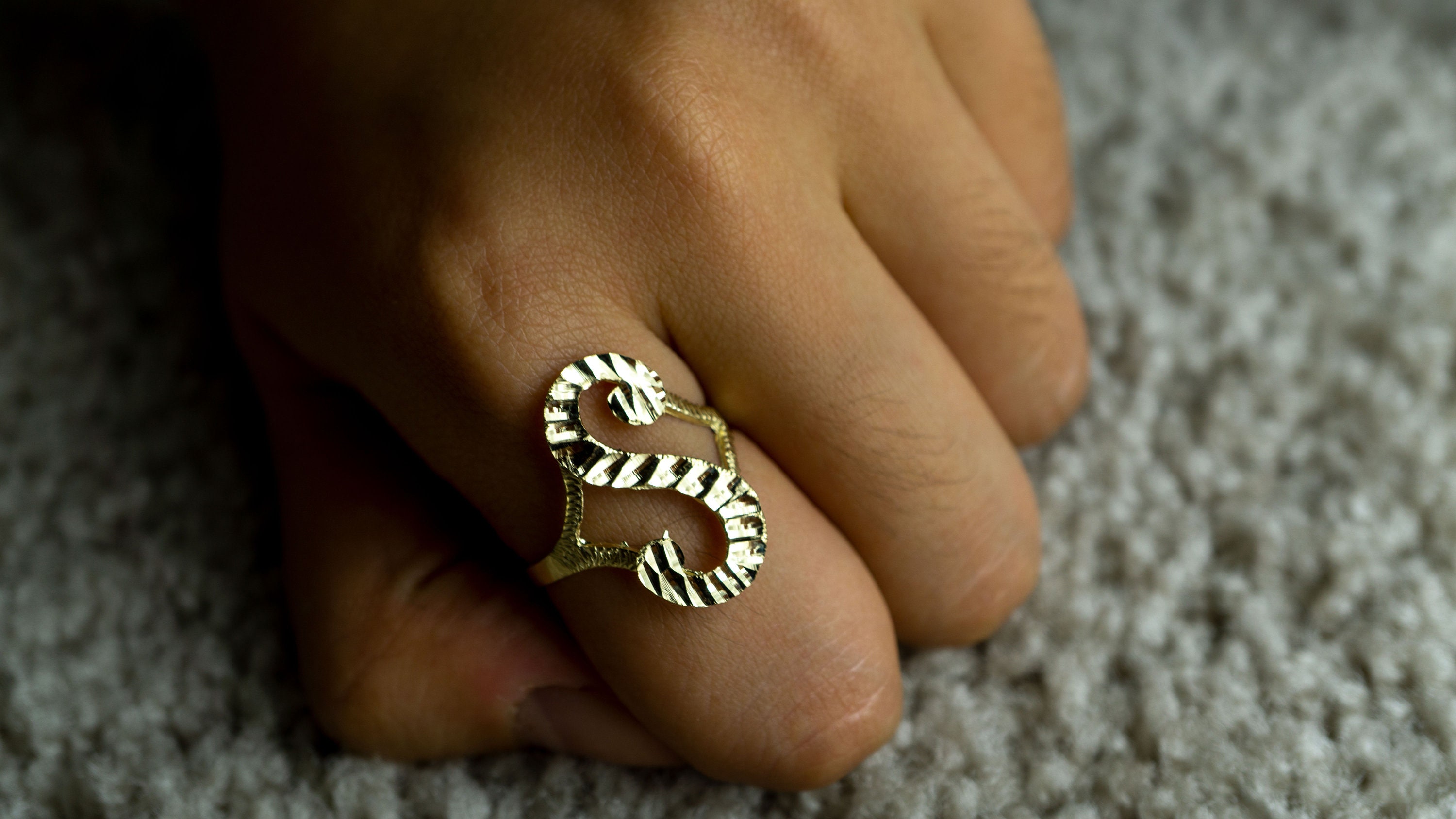 10k Yellow Gold Solid Cursive Initial Letter Ring With Diamond | Etsy