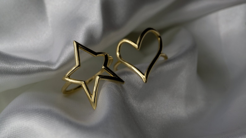 14k Yellow Solid Gold Big Size Slanted Heart and Slanted Star Ring for ...