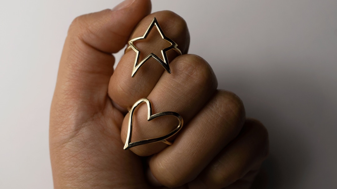 10k Yellow Solid Gold Big Size Slanted Heart and Slanted Star Ring - Etsy