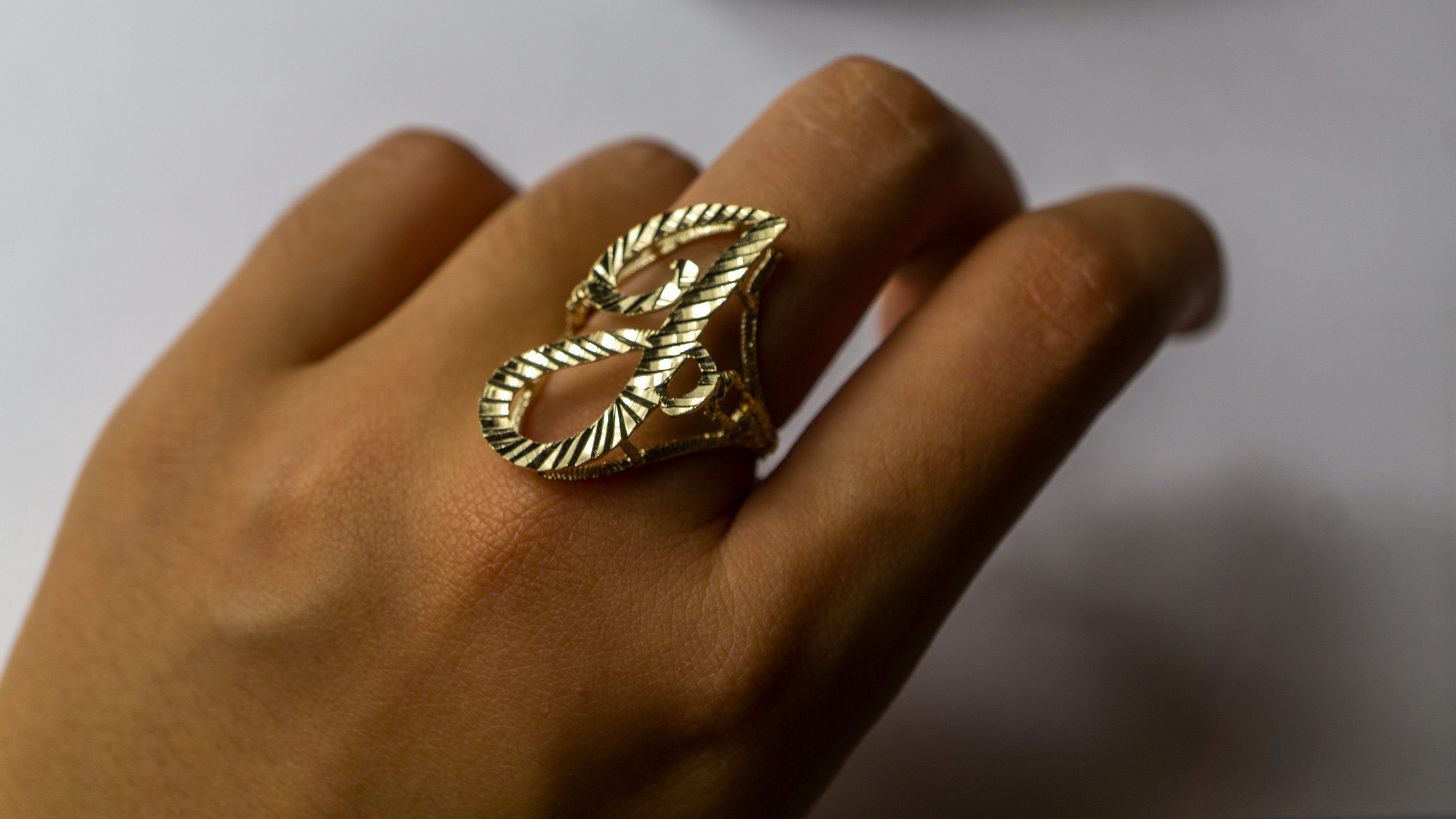 10k Yellow Gold Solid Large Cursive Initial Letter Ring With - Etsy