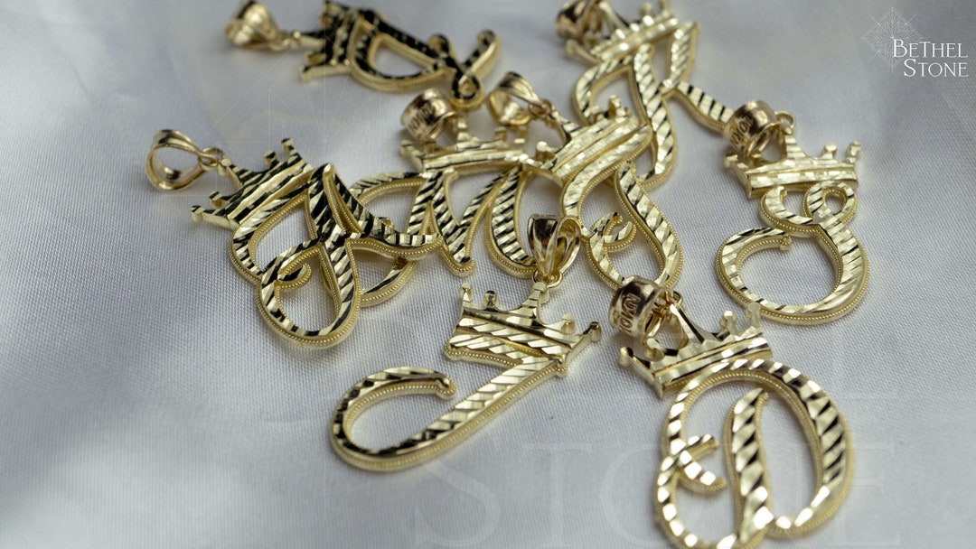 Real 10k Solid Gold Cursive Initial Crown Pendant Charm Necklace With ...