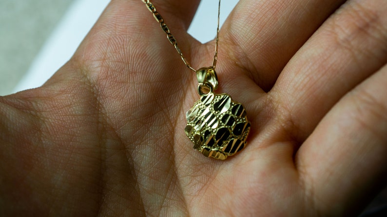 10k Yellow Gold Round Circle Nugget Charm Pendant Necklace 3 - Etsy