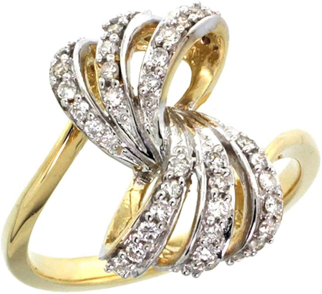 10K Yellow / White Gold Ribbon Diamond Ring 0.39 Cttw, 11/16 Inch Wide ...