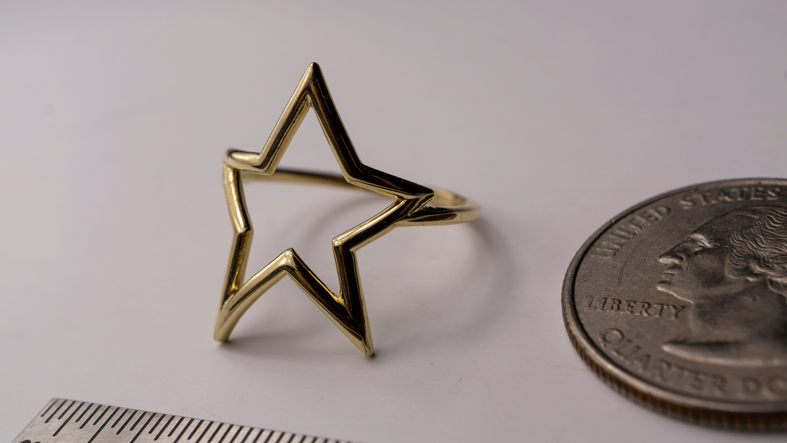 14k Yellow Solid Gold Big Size Slanted Heart and Slanted Star Ring for ...