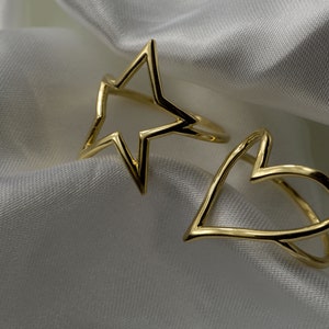 14k Yellow Solid Gold Big Size Slanted Heart and Slanted Star Ring for ...