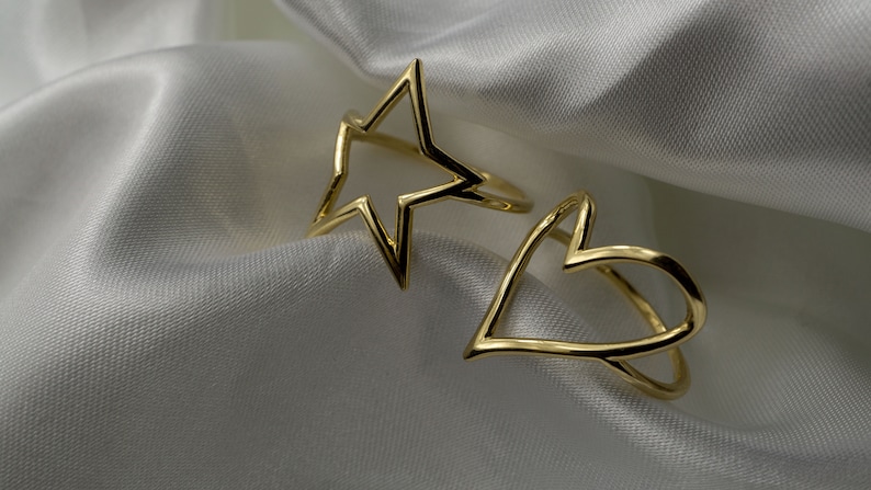 14k Yellow Solid Gold Big Size Slanted Heart and Slanted Star Ring for ...