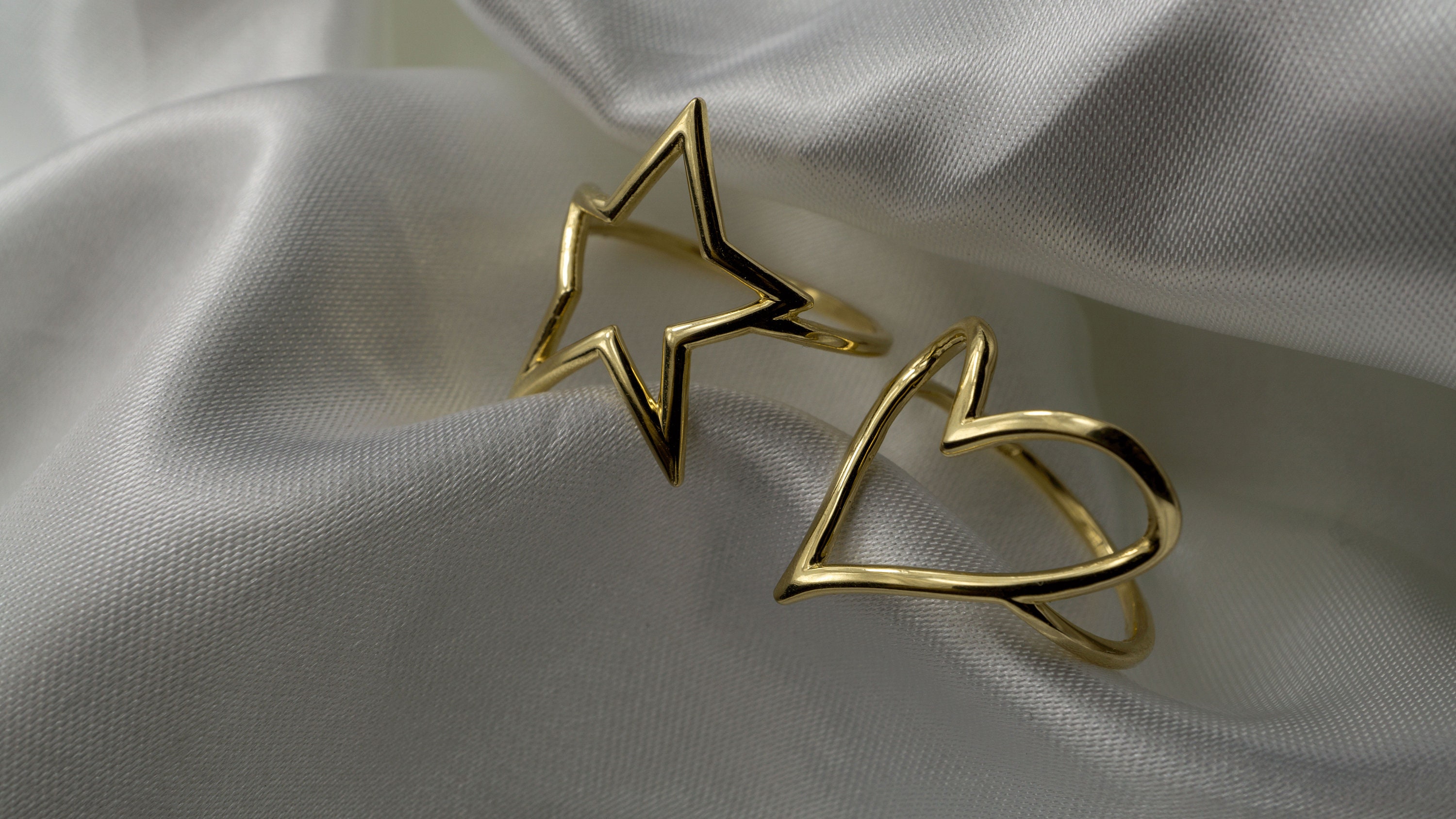 14k Yellow Solid Gold Big Size Slanted Heart and Slanted Star Ring for ...