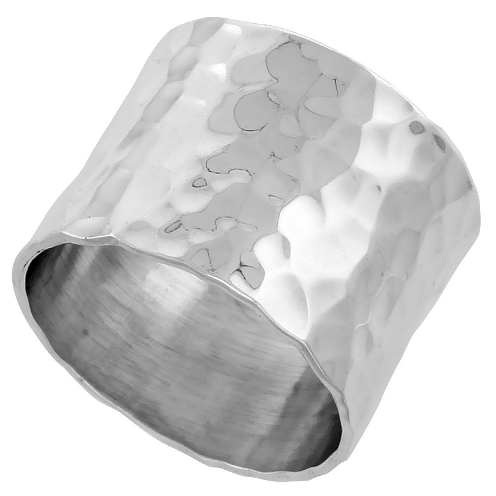 Sterling Silver 14mm Hammered Wedding Ring Flat Top 9/16 Inch Wide With ...