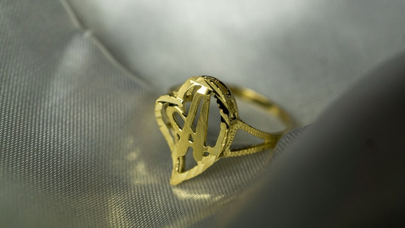 10k Yellow Gold Solid Slanted Heart Cursive Initial Ring With - Etsy